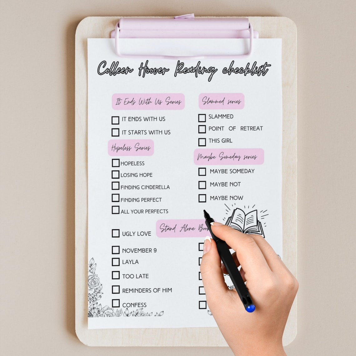 Colleen Hoover Cozy Reading Session Pink Book Checklist, Coho Reading ...