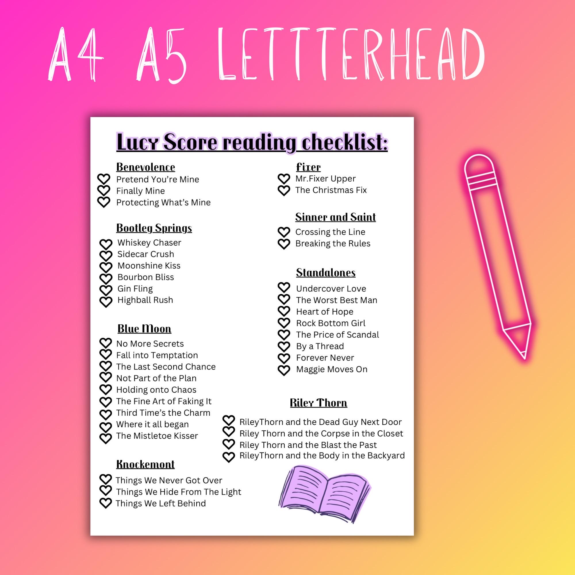 Lucy Score Purple Reading Checklist Printable, Lucy Score Romance ...