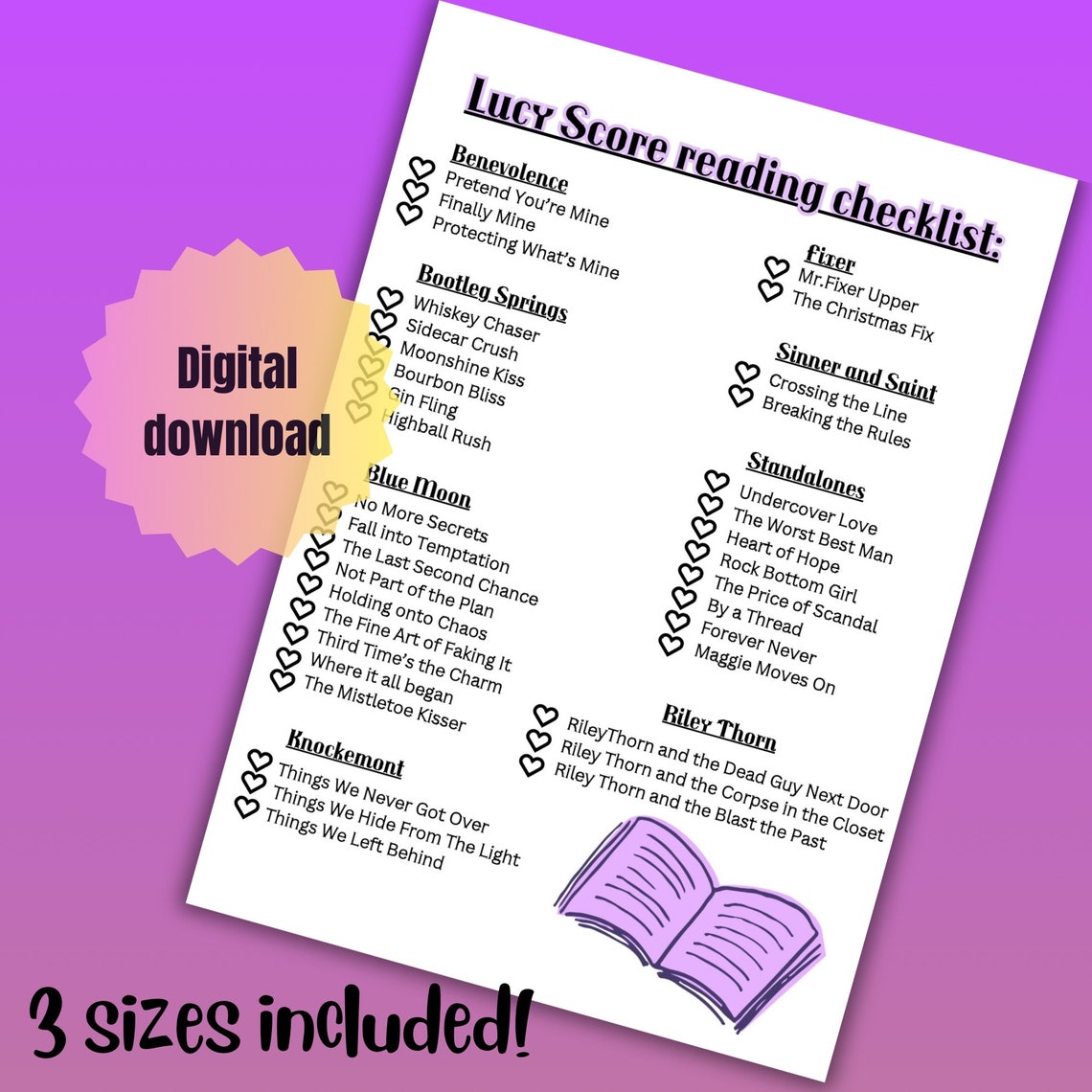 Lucy Score Purple Reading Checklist Printable, Lucy Score Romance ...