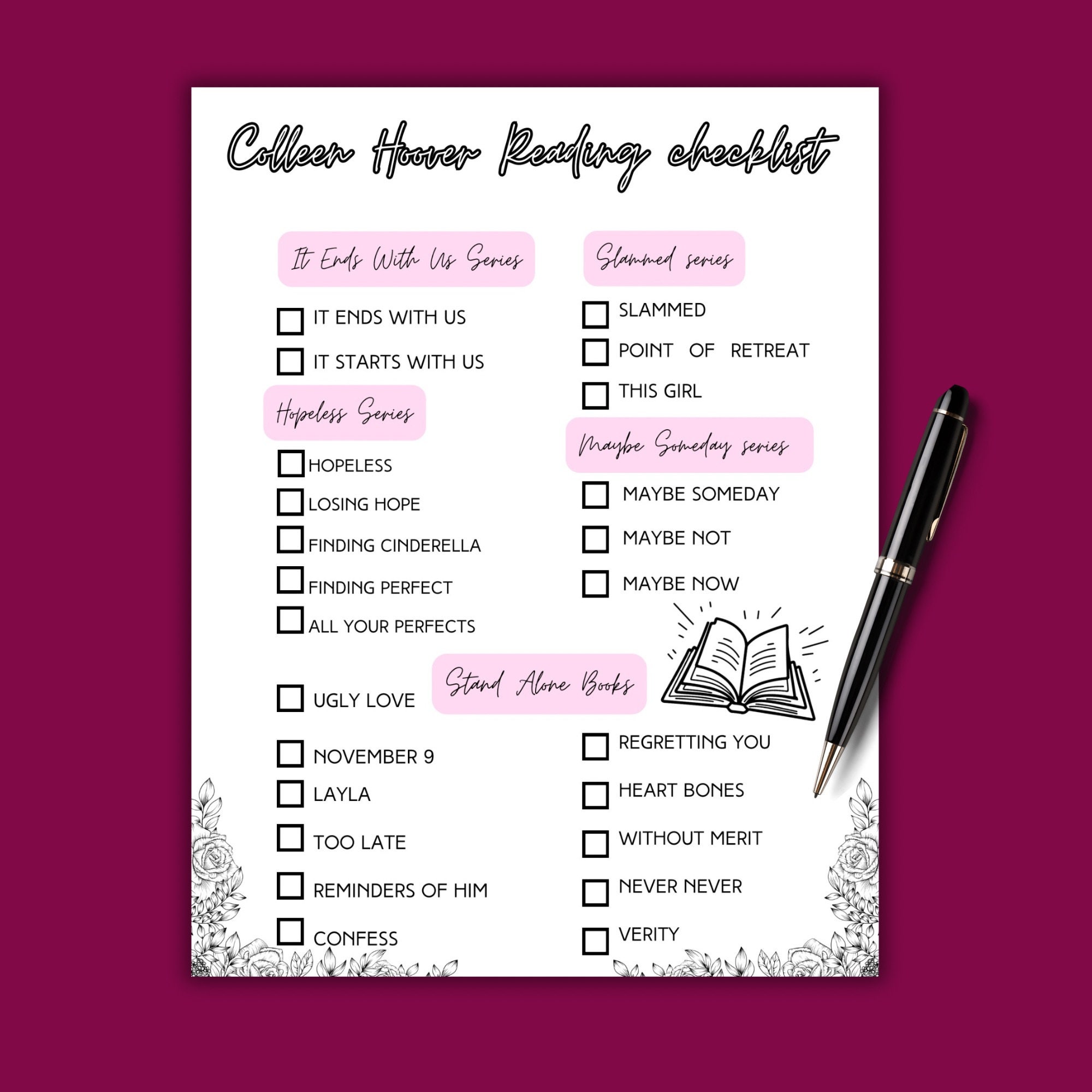 Colleen Hoover Cozy Reading Session Pink Book Checklist, Coho Reading ...
