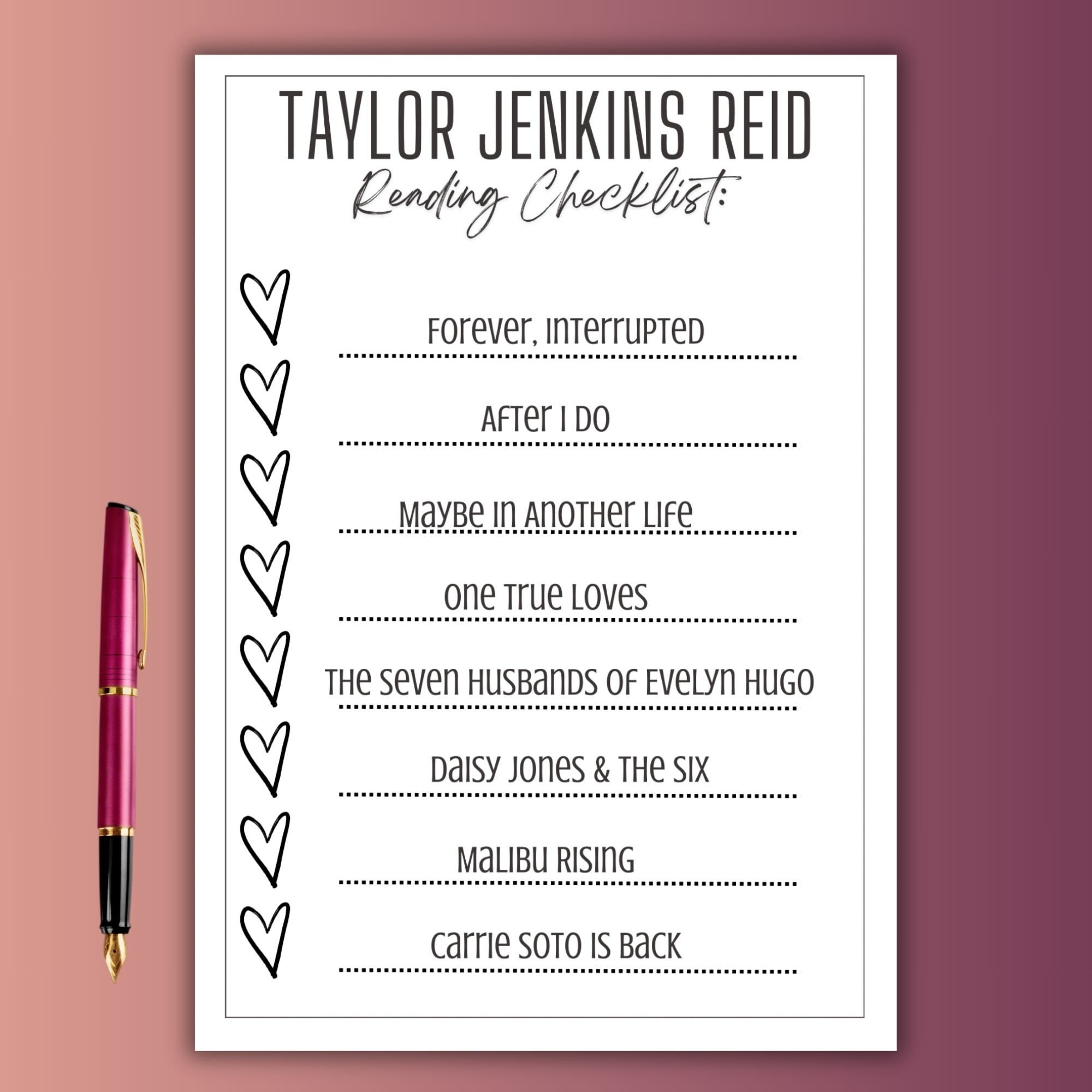 Taylor Jenkins Reid Printable Book Reading Checklist, A4 A5 Letterhead ...