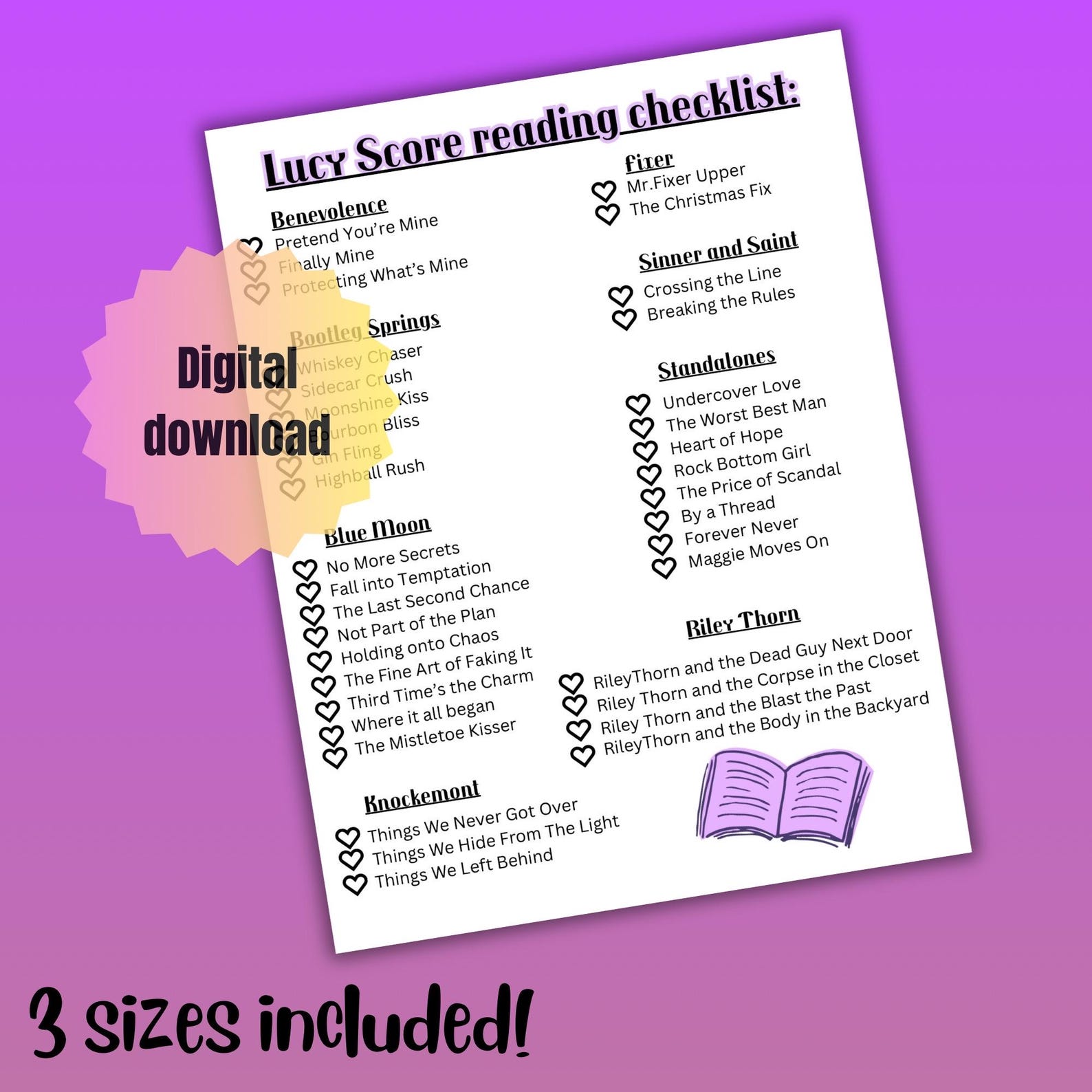 Lucy Score Purple Reading Checklist Printable, Lucy Score Romance ...