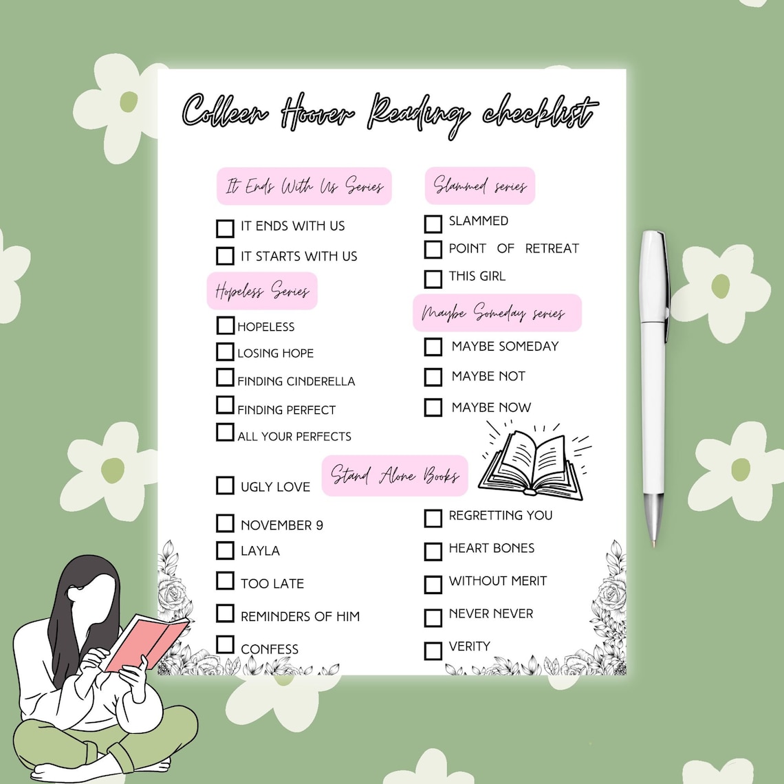 Colleen Hoover Cozy Reading Session Pink Book Checklist, Coho Reading ...