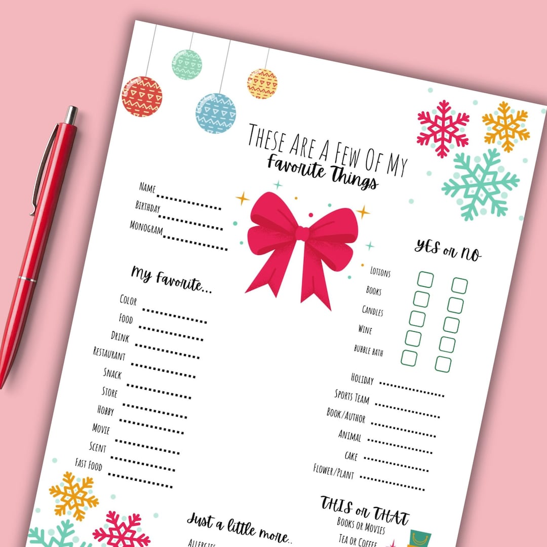 Christmas Questionnaire ‘these Are a Few of My Favorite Things ...