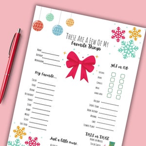 Christmas Questionnaire ‘these Are a Few of My Favorite Things ...