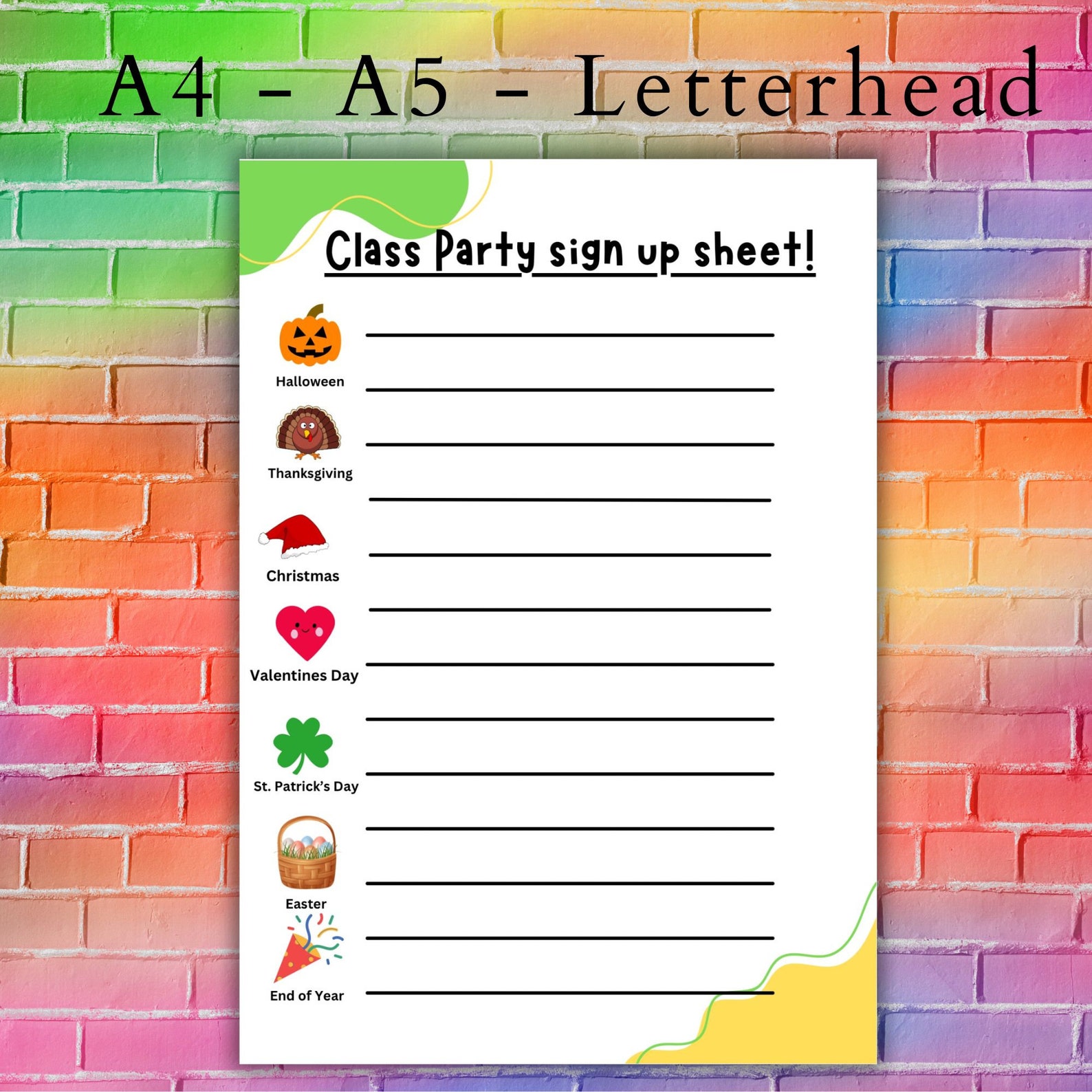 Class Party Parents Volunteer Sign up Sheet for Preschool to Middle ...