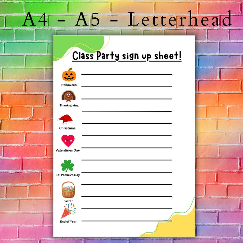 Class Party Parents Volunteer Sign up Sheet for Preschool to Middle ...