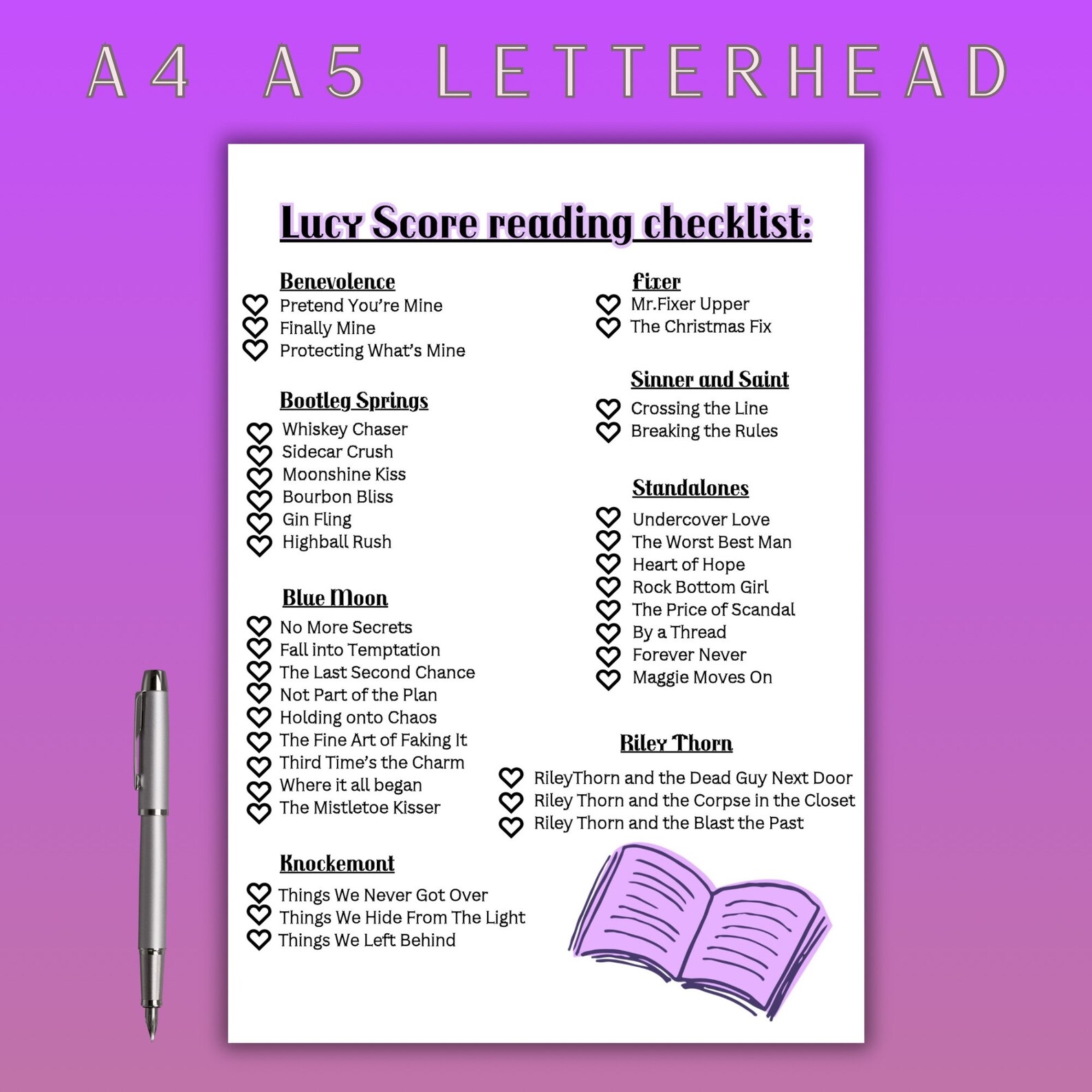 Lucy Score Purple Reading Checklist Printable, Lucy Score Romance Novels Book List, Book Journey ...