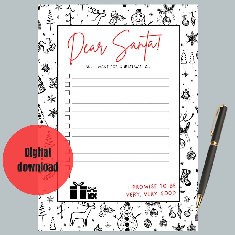 Black and White Printable Dear Santa Wishlist, Letter to Santa Pdf ...