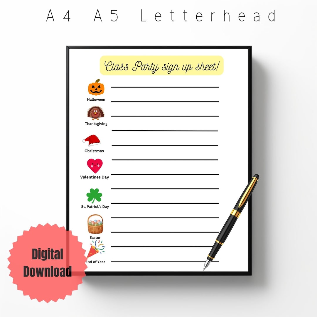 Elementary Classroom Party Sign up Sheet Printable, Parents Volunteer ...