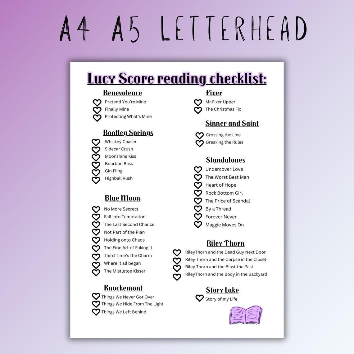 Lucy Score Purple Reading Checklist Printable, Lucy Score Romance ...