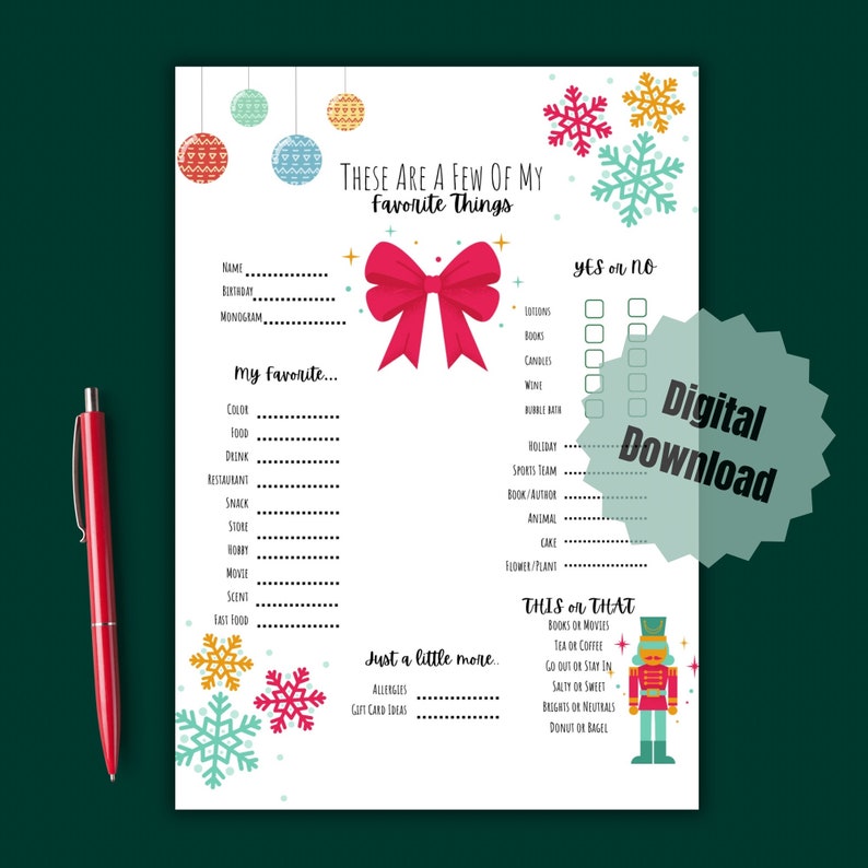 Christmas Questionnaire ‘these Are a Few of My Favorite Things ...