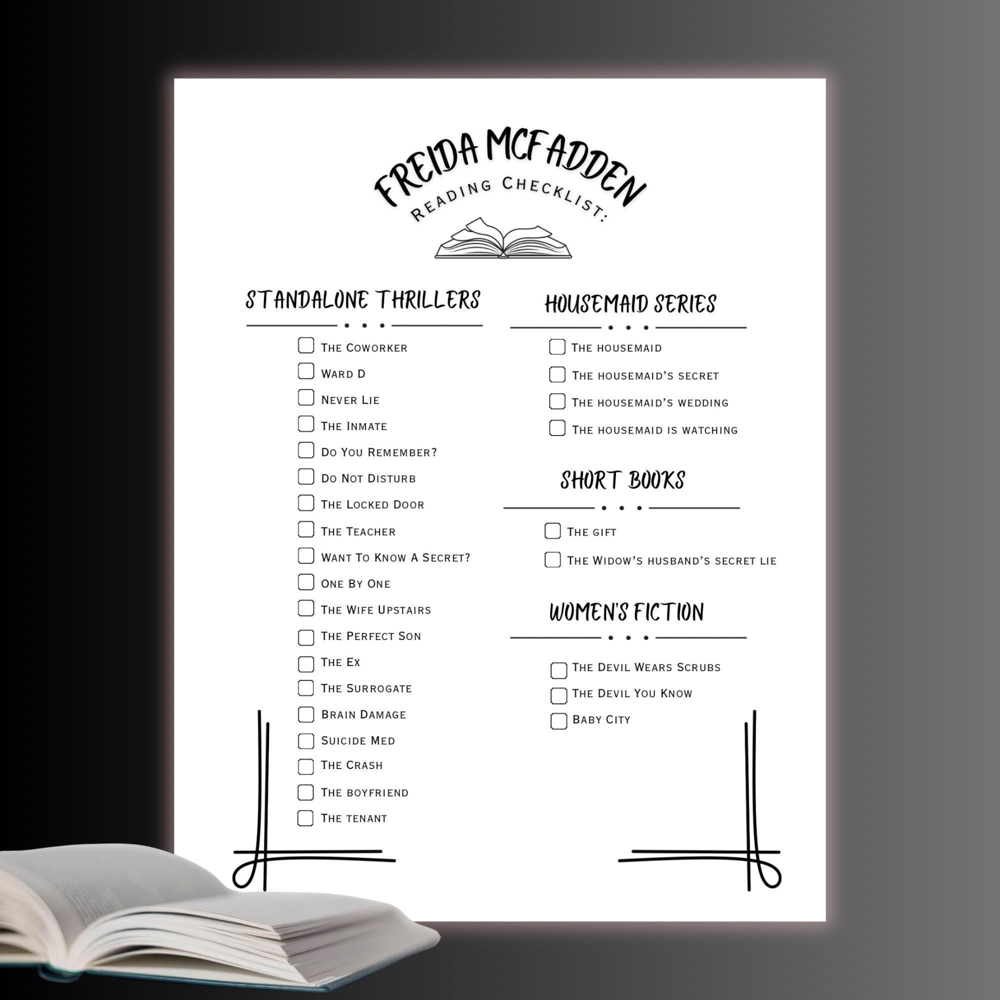 Freida Mcfadden Reading Log, Printable Book Checklist, Thriller Author ...