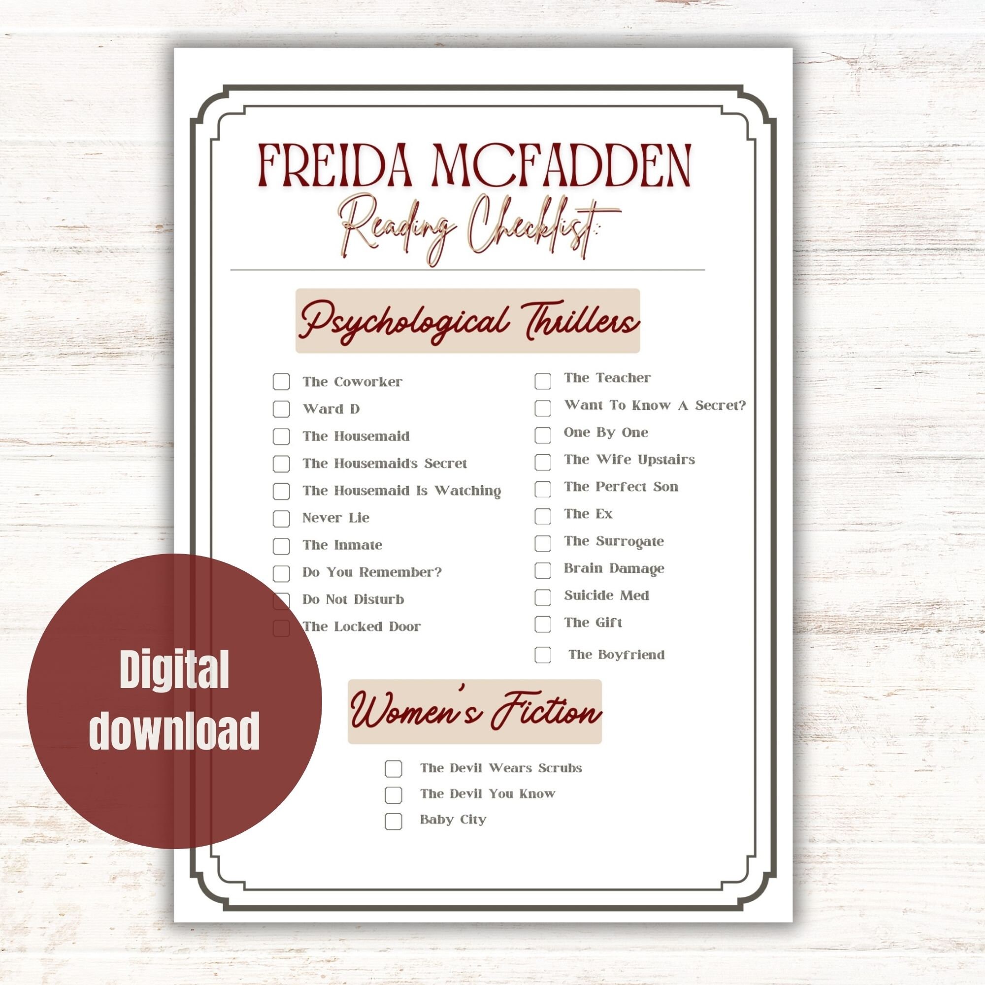Freida Mcfadden Printable Reading Checklist, Thriller Book Log, Freida ...