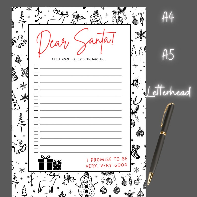 Black and White Printable Dear Santa Wishlist, Letter to Santa Pdf ...