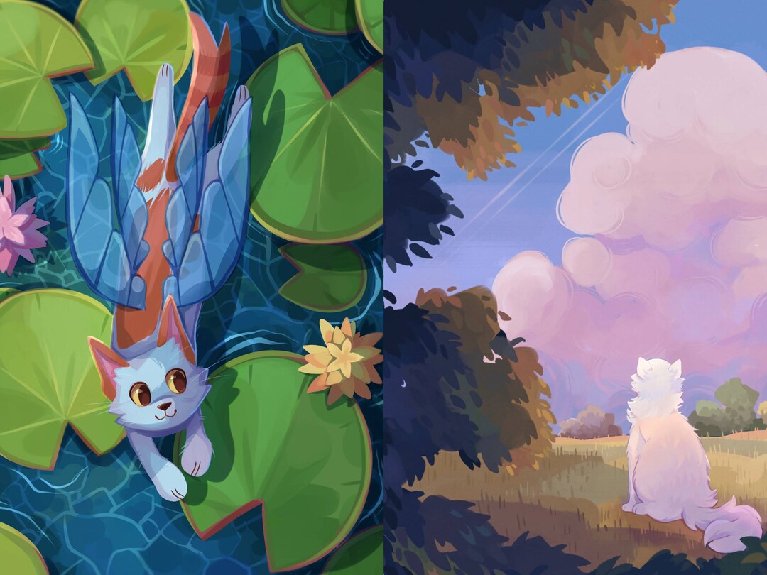 Cute Kawaii Summer Cat Prints: Koi Fish Cat and Cloud Cat - Etsy