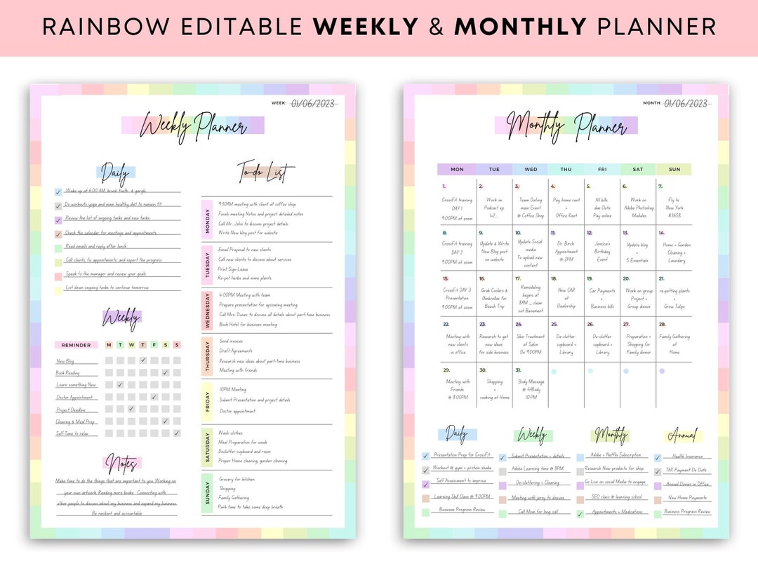 Editable Rainbow Weekly Monthly Planner - Printable To-do List for ...