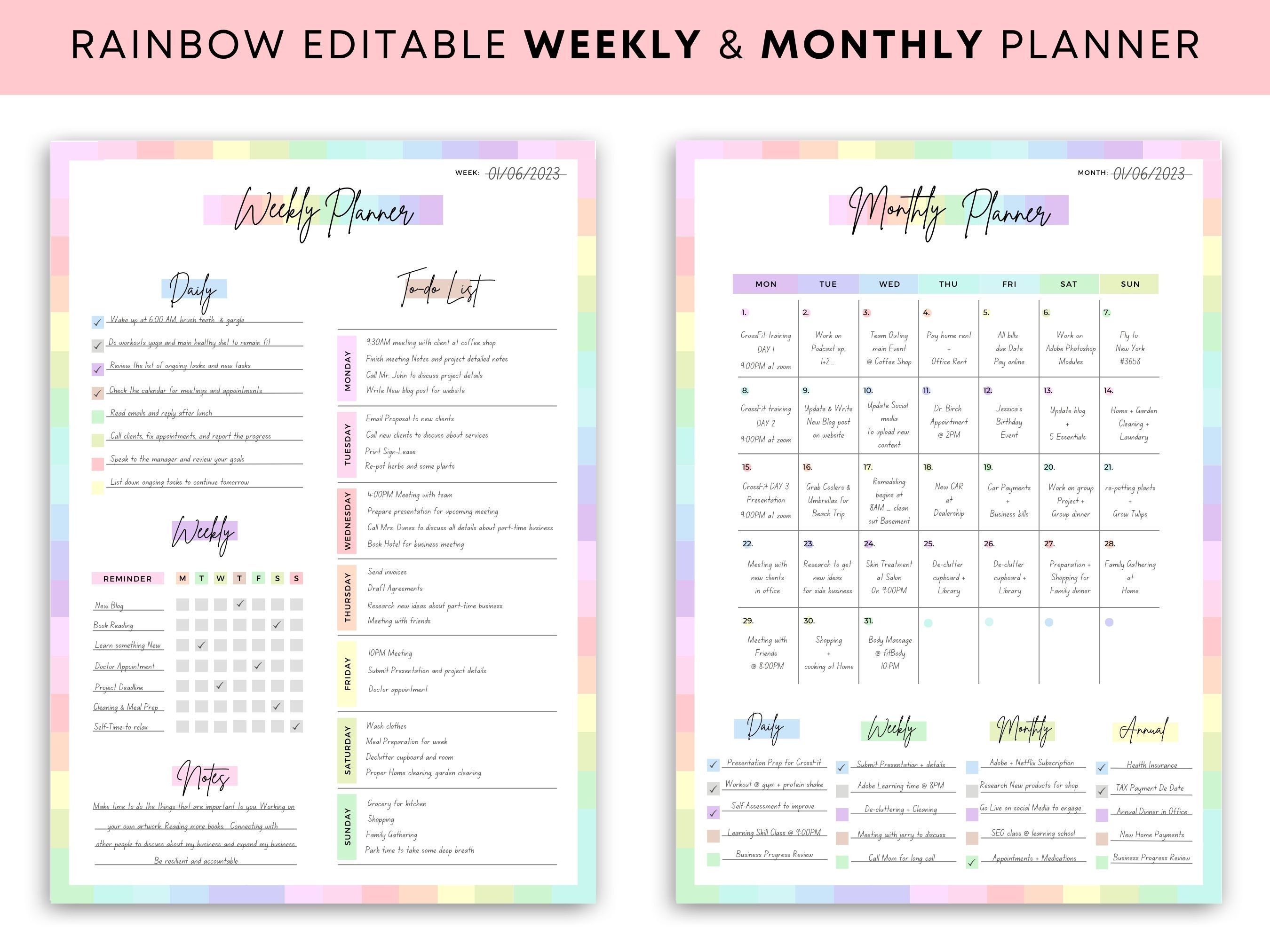 Editable Rainbow Weekly Monthly Planner - Printable To-do List for ...