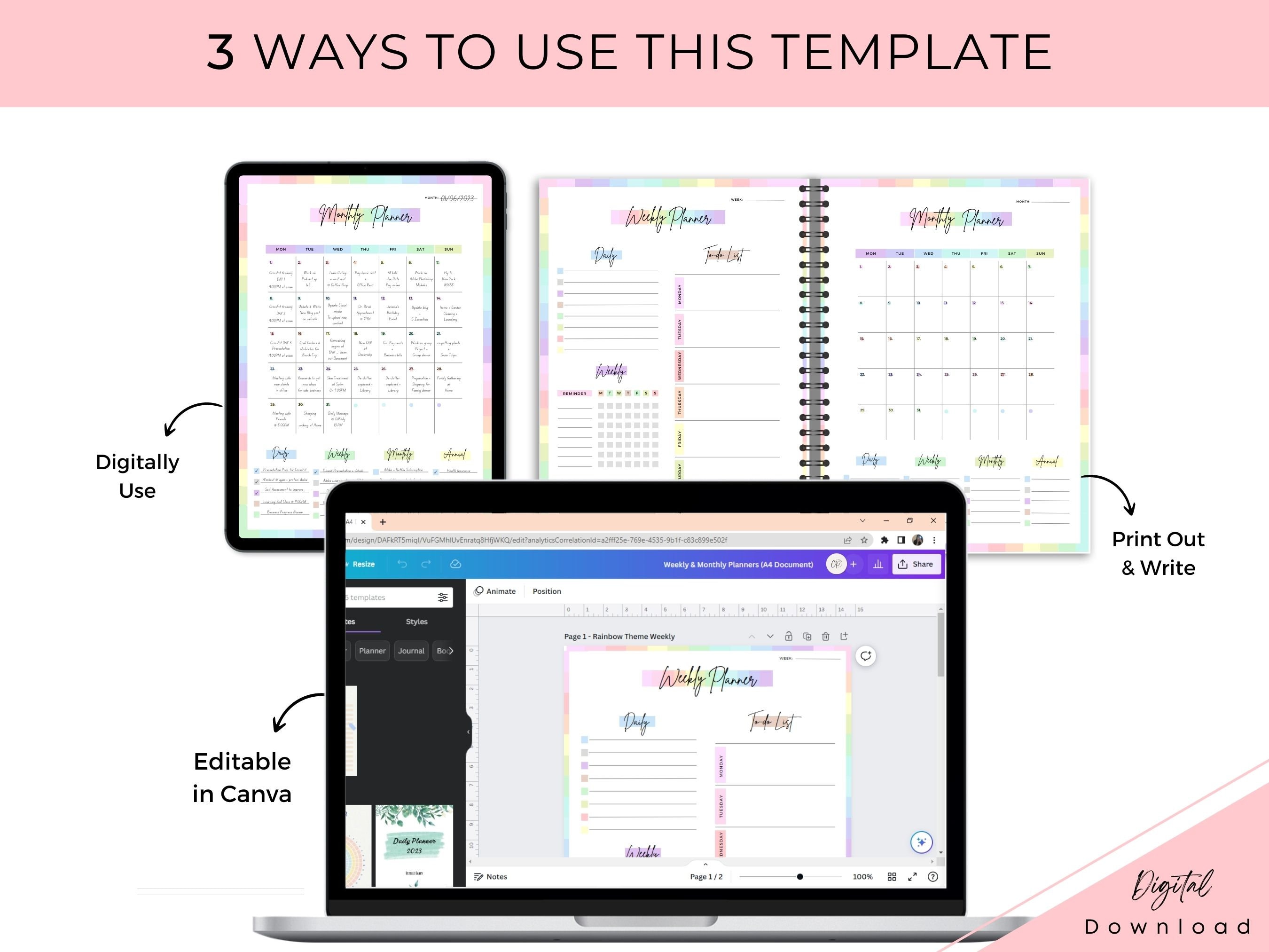 Editable Rainbow Weekly Monthly Planner - Printable To-do List for ...
