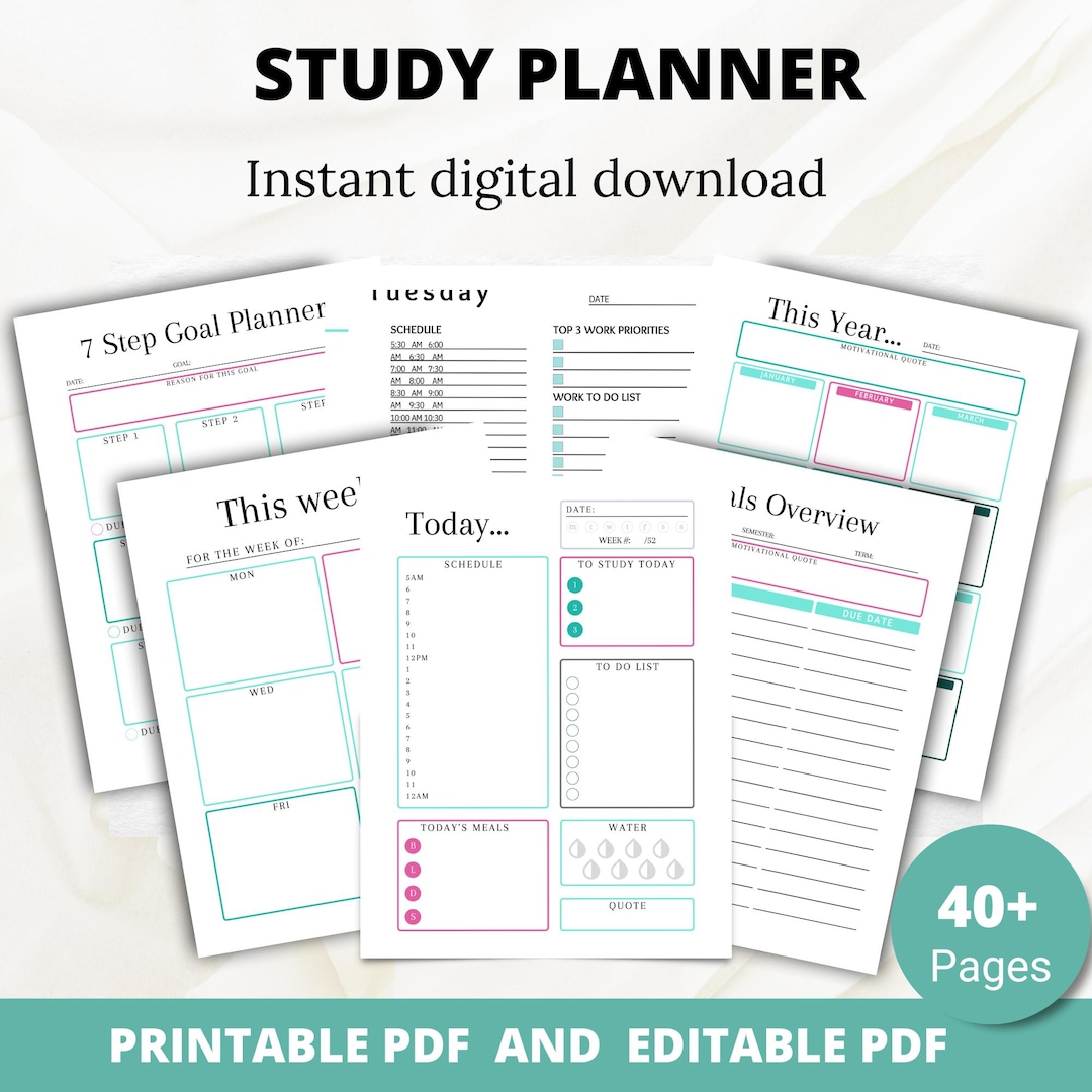 Study Planner Printable Worksheets Templates Bundle Print at Home Study ...