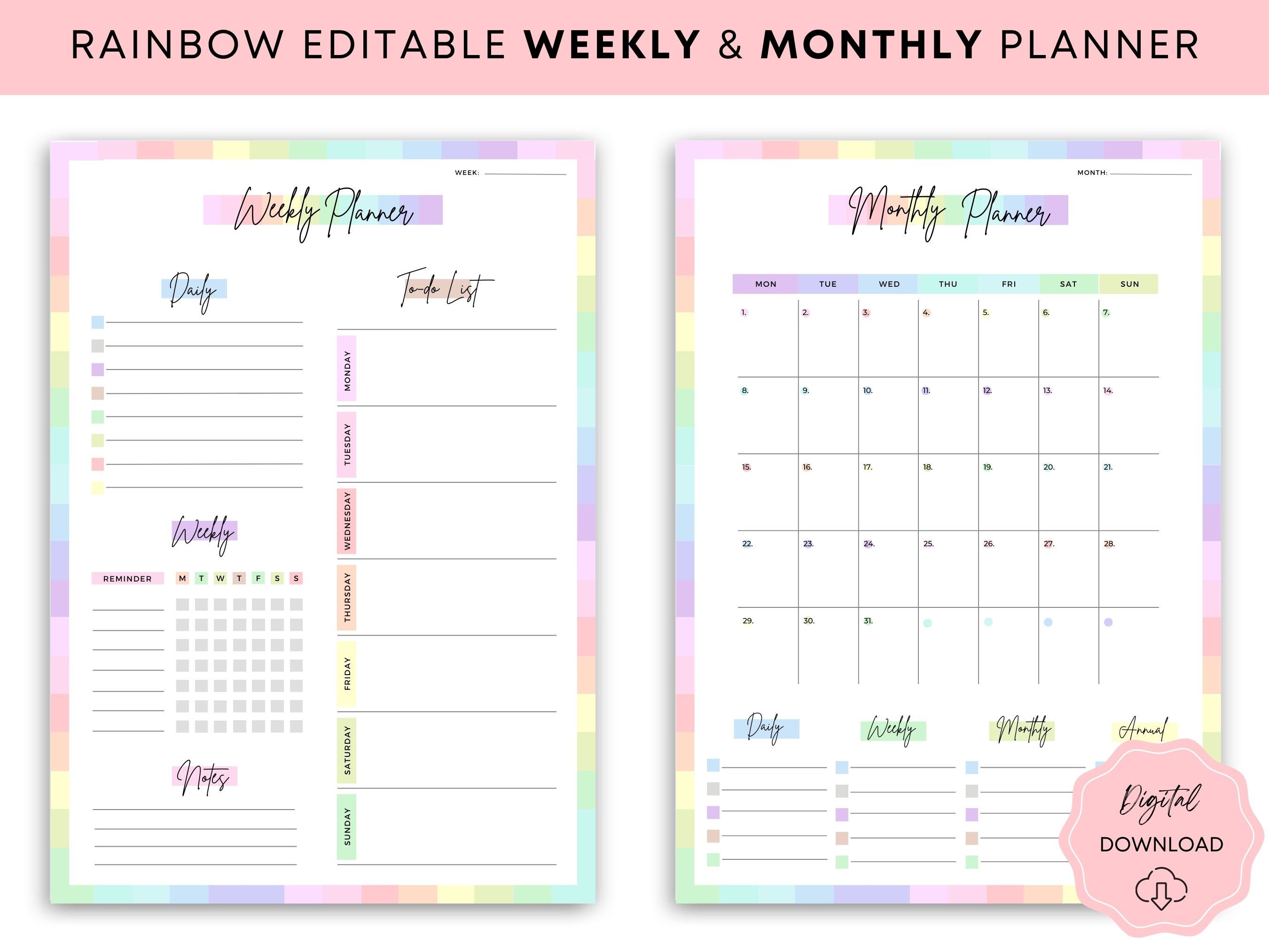 Editable Rainbow Weekly Monthly Planner - Printable To-do List for ...