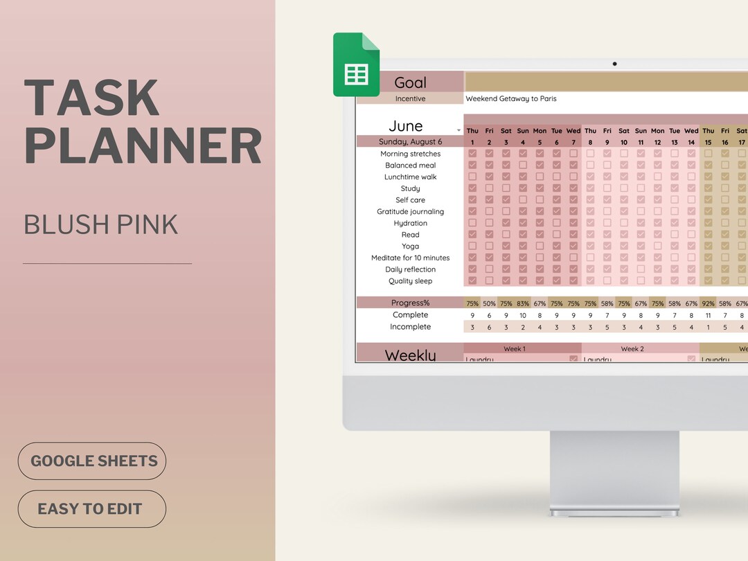 Excel Task Planner - Blush Pink Template Spreadsheet | Daily To-do List ...