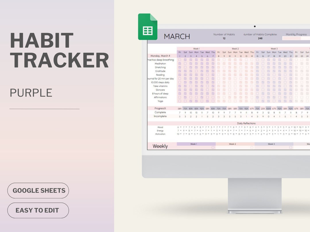 Excel Habit Tracker - Purple Template Spreadsheet | Task Planner ...