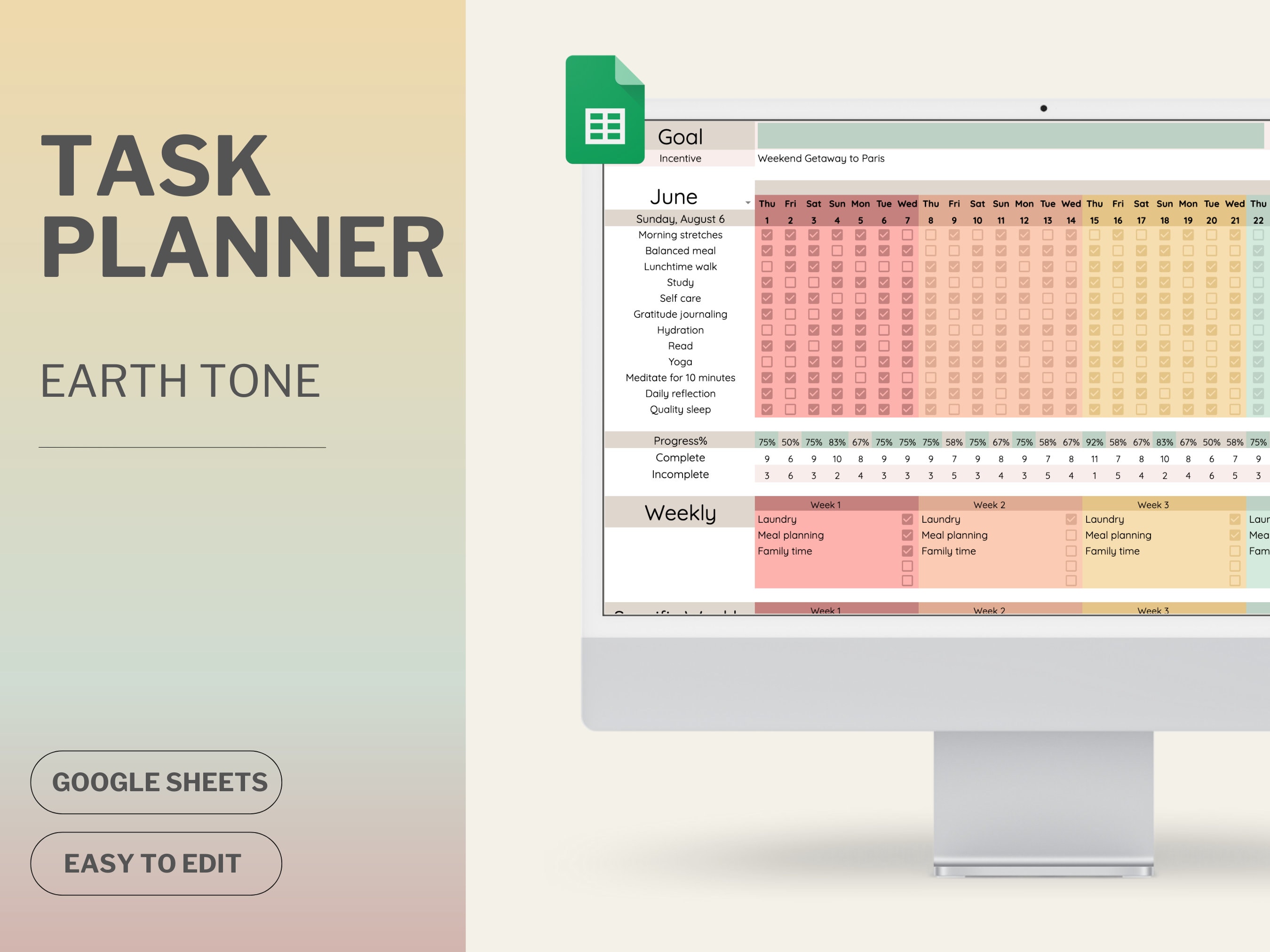 Excel Task Planner Earth Tone Template Spreadsheet Daily to Do List ...