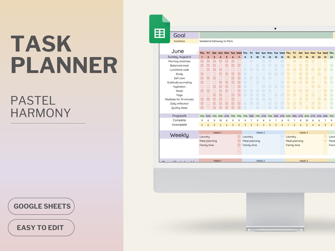 Excel Task Planner - Pastel Harmony Template Spreadsheet | Daily To-do ...
