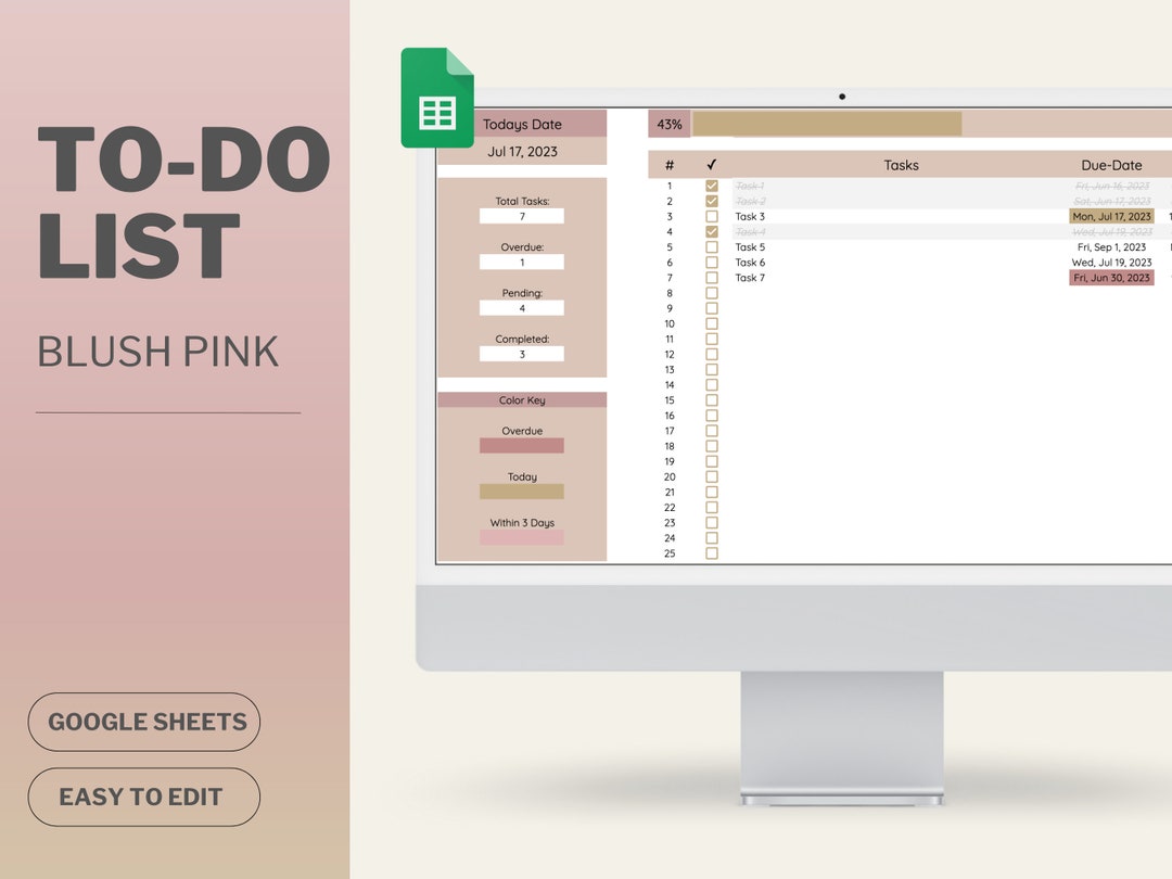 Excel To-do List - Blush Pink Template Spreadsheet | Task Planner ...