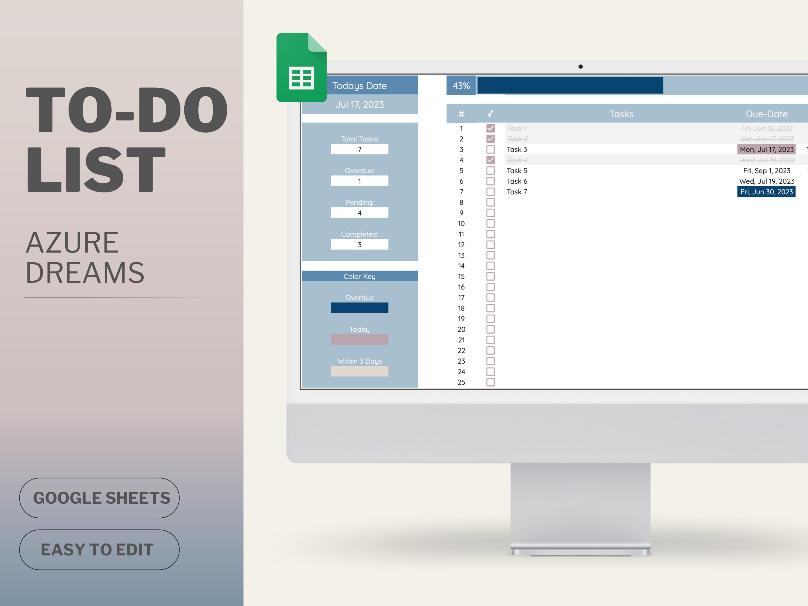 Excel To-do List Azure Dreams Template Spreadsheet Task Planner Daily ...