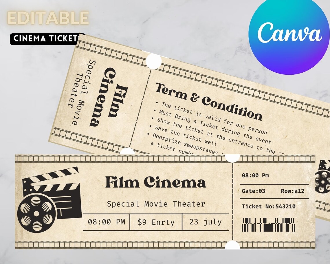 Vintage Cinema Ticket Template | Event Ticket Template | DIY Movie ...