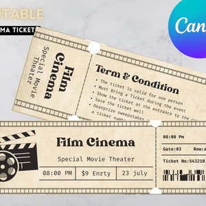 Vintage Cinema Ticket Template | Event Ticket Template | DIY Movie ...