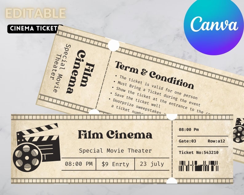 Vintage Cinema Ticket Template | Event Ticket Template | DIY Movie ...