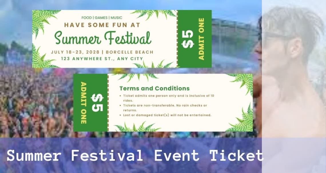 Printable Summer Festival Ticket Template, Editable Event Ticket, Canva ...