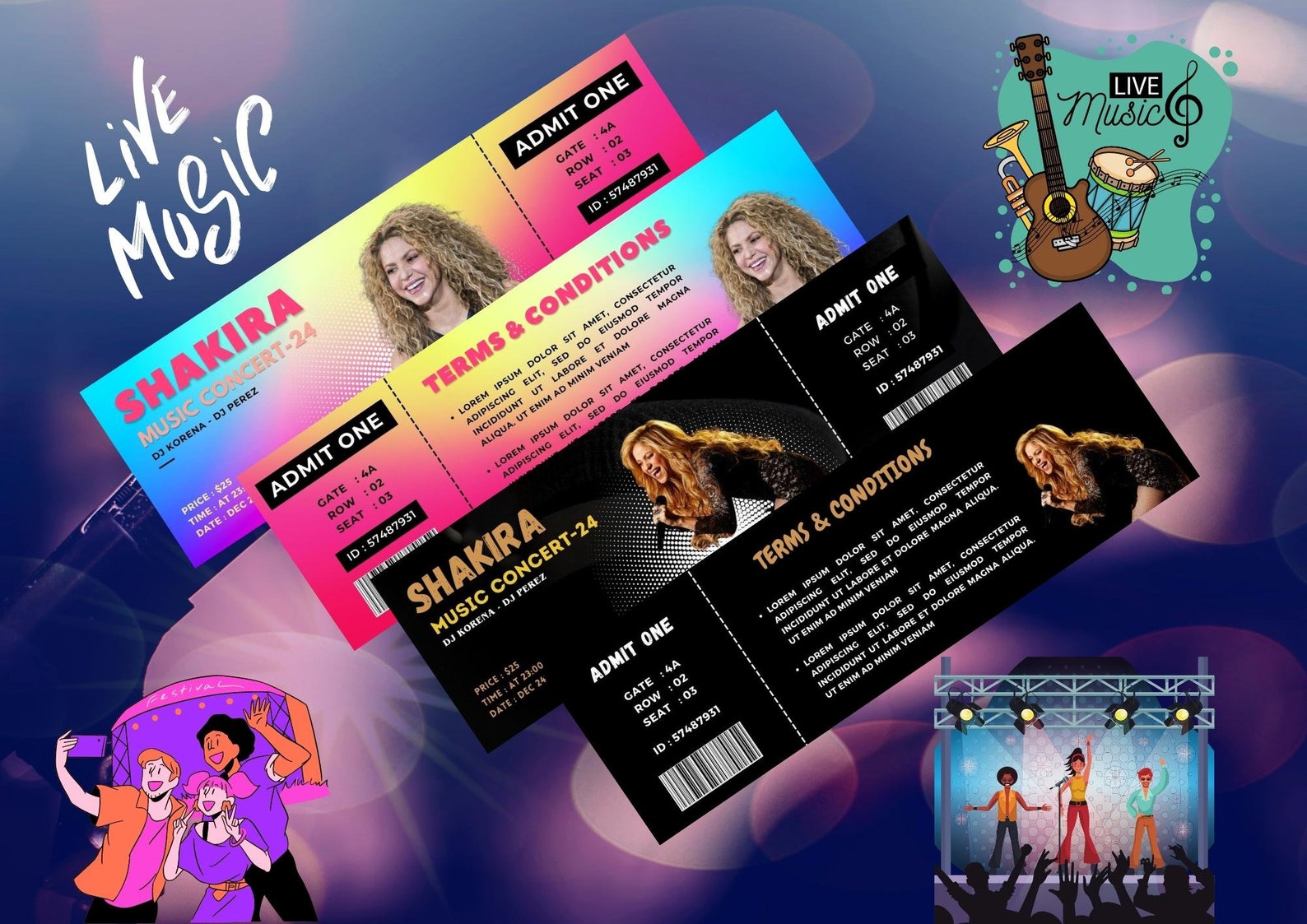 Shakira Music Ticket | Multi Color Ticket Template | Printable Event ...