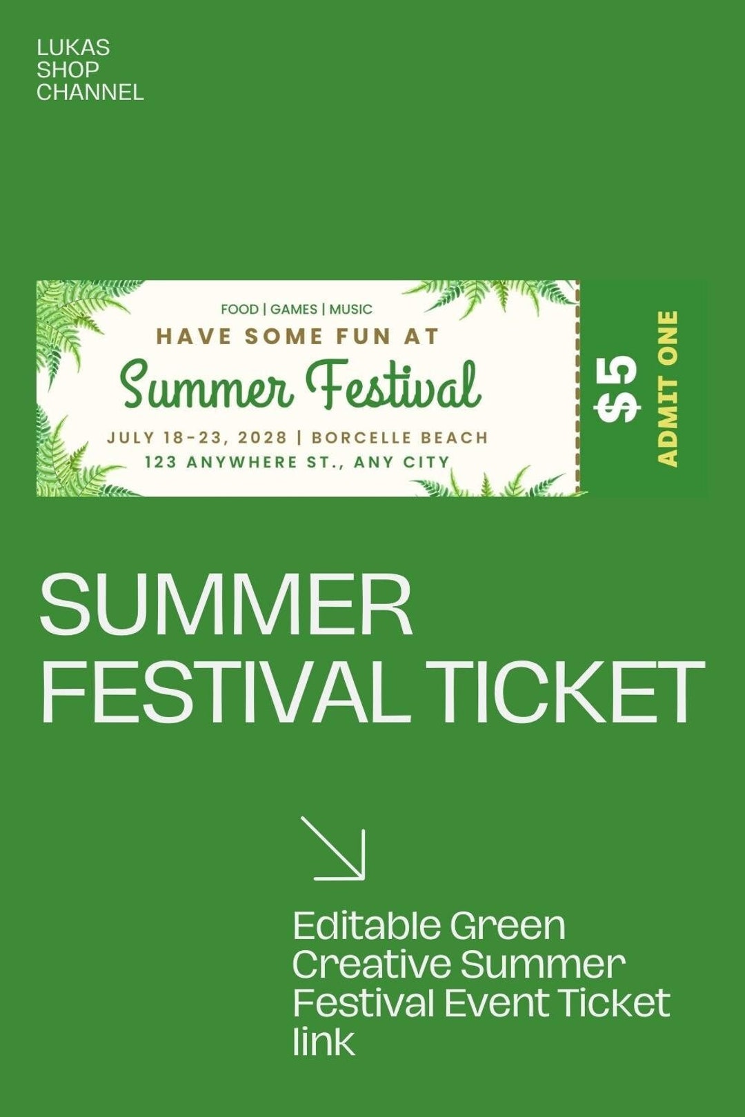 Printable Summer Festival Ticket Template, Editable Event Ticket, Canva ...