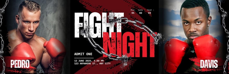 Customizable Black and Red Modern Minimalist Fight Night Ticket ...