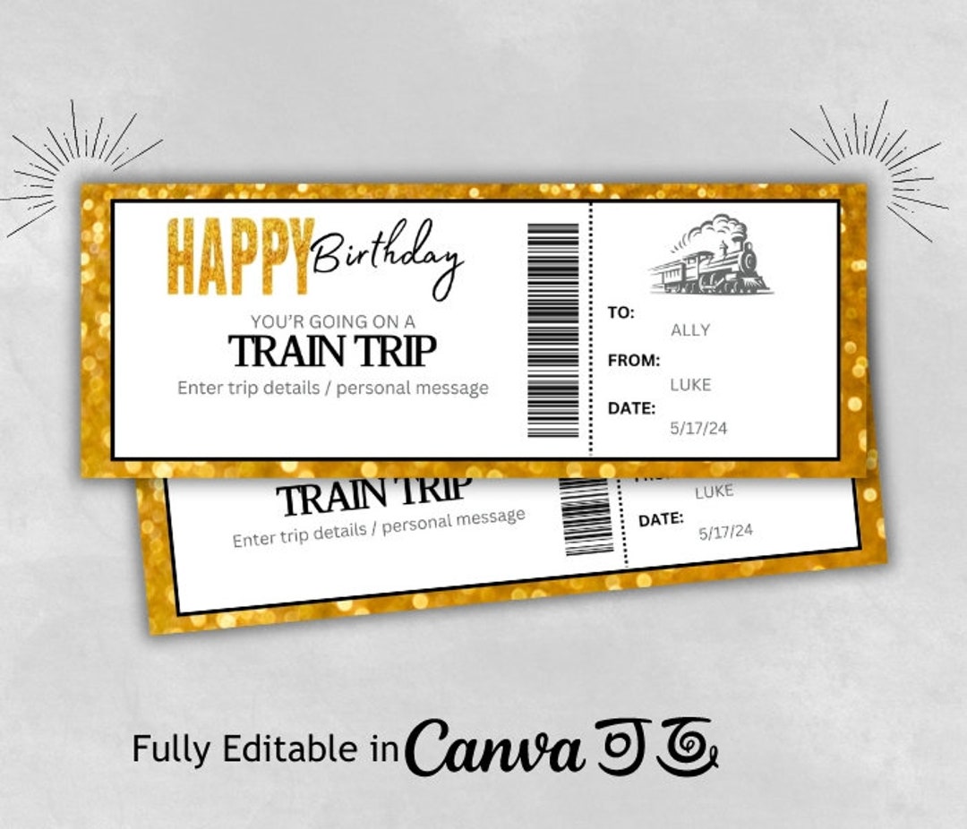 Train Trip Ticket | Gold Train Voucher | Editable Birthday Ticket ...