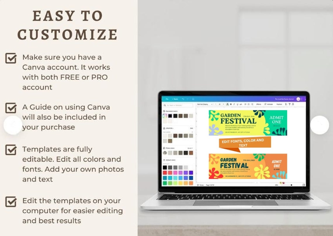 Printable Garden Festival Ticket Template, Editable Event Ticket, Canva ...