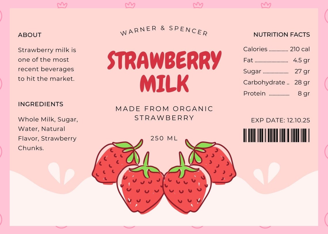 Strawberry Milk Bottle Label Printable Milk Bottle Label Editable Milk ...