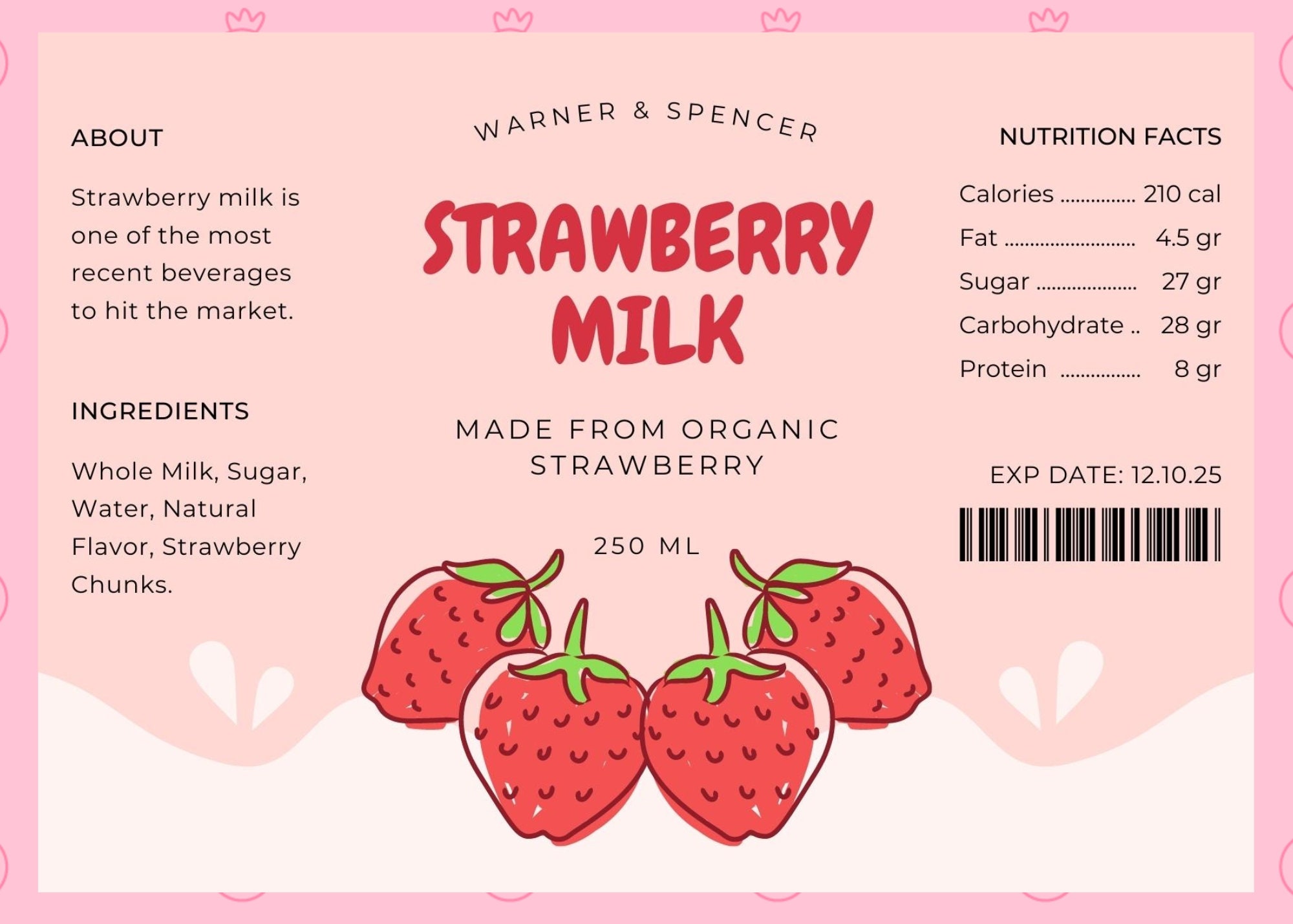 Strawberry Milk Bottle Label Printable Milk Bottle Label Editable Milk ...