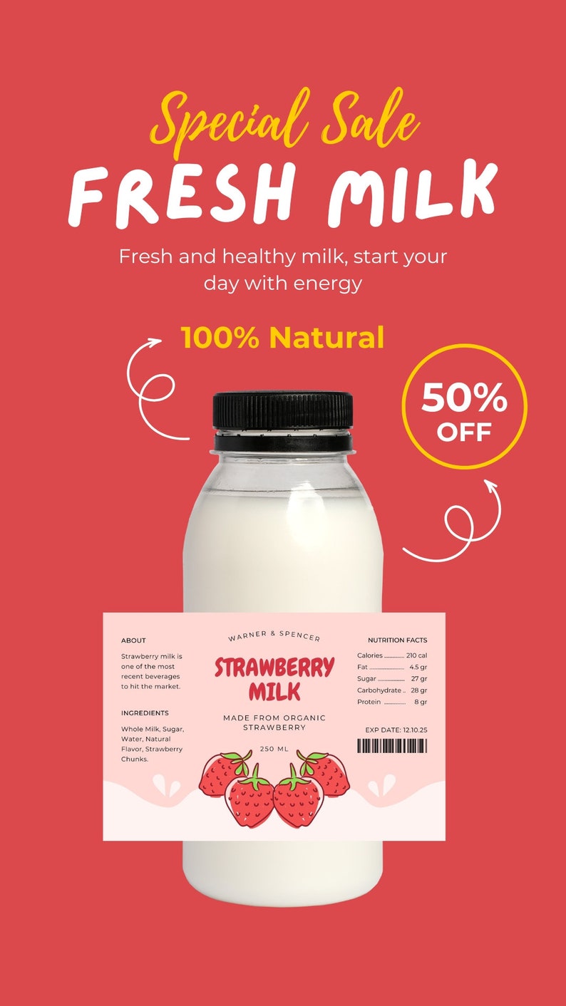 Strawberry Milk Bottle Label Printable Milk Bottle Label Editable Milk ...