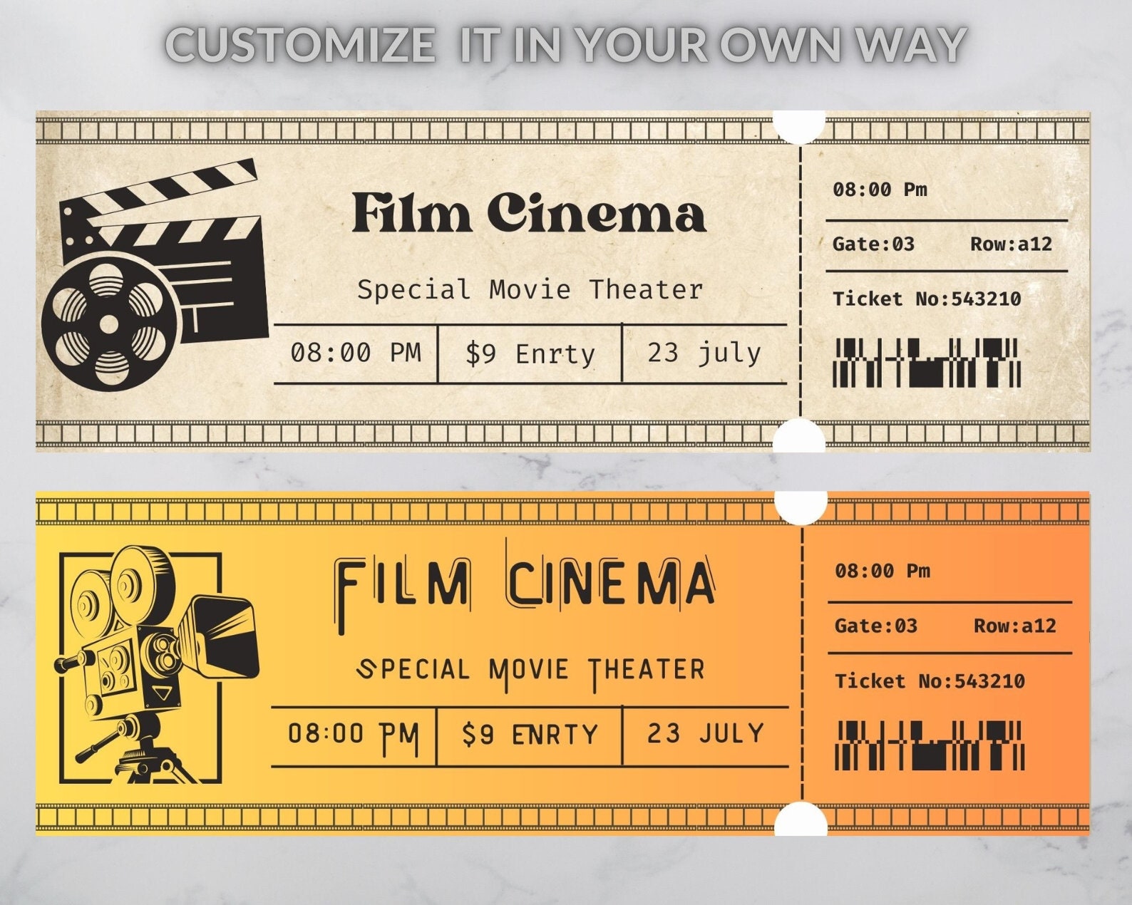 Vintage Cinema Ticket Template | Event Ticket Template | DIY Movie ...