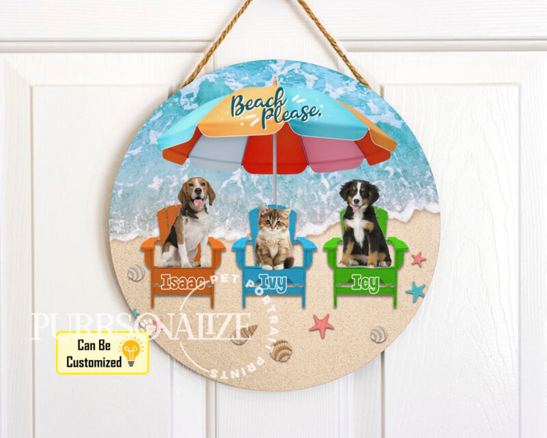 Personalized Pet Round Wooden Sign, "beach Please" Dog Cat Door Hanger ...