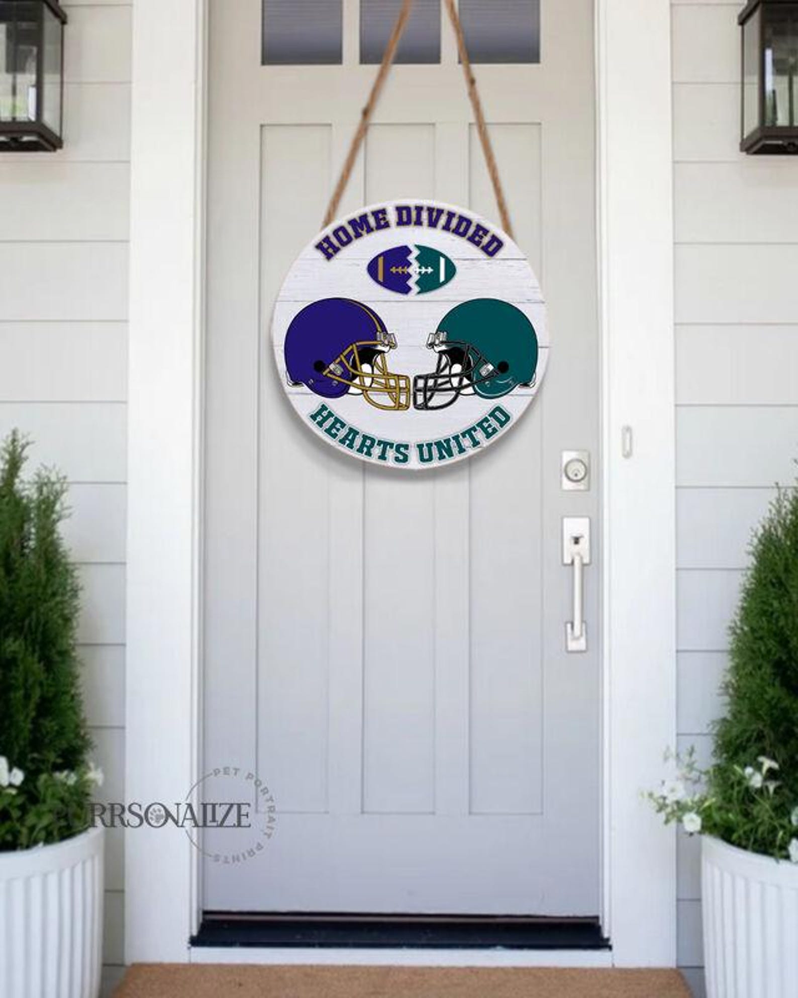 Custom Football House Divided Hearts United Door Hanger, Football Round ...