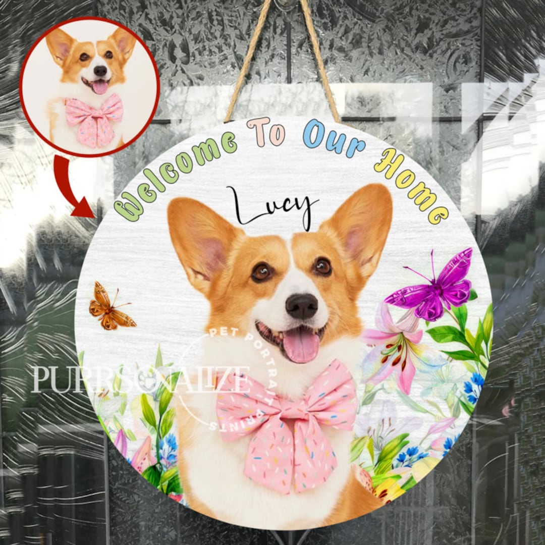 Personalized Pet Round Wooden Sign, Welcome to Our Home Dog Door Hanger ...