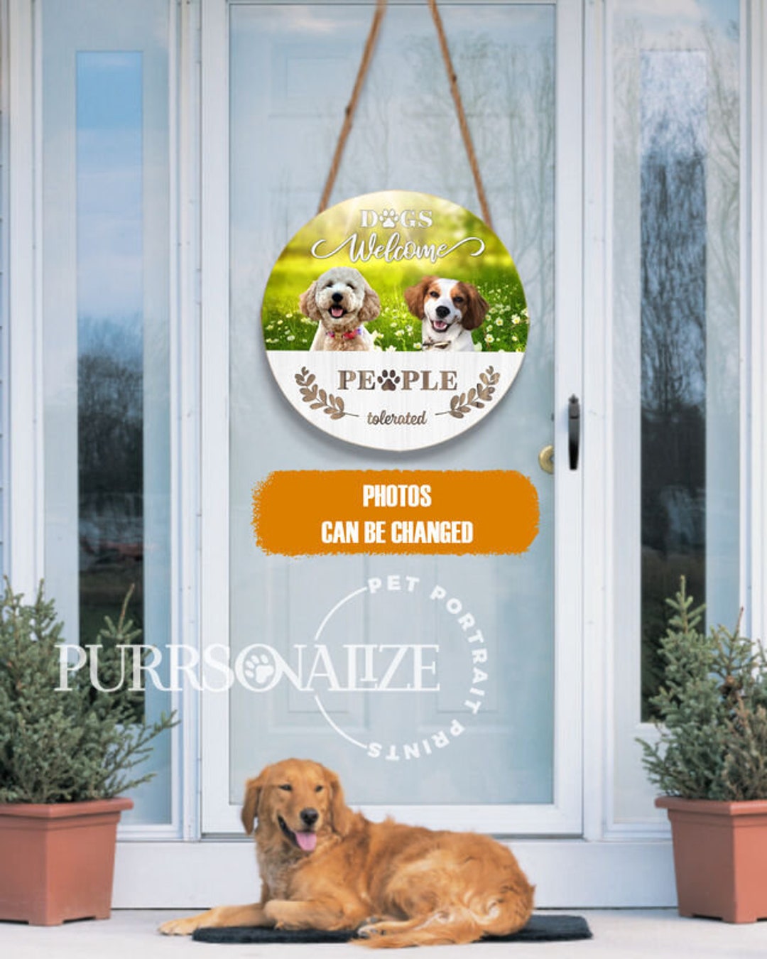 Custom Photo Pet Round Wood Sign, Dogs Welcome People Tolerated Dog Cat ...