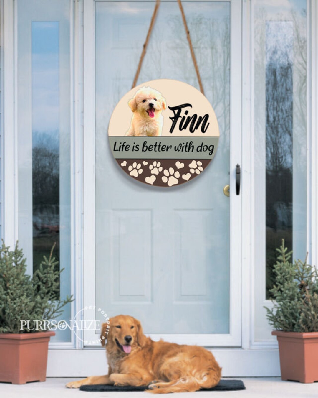Personalized Pet Door Sign, Custom Life is Better With Dogs Round Wood ...