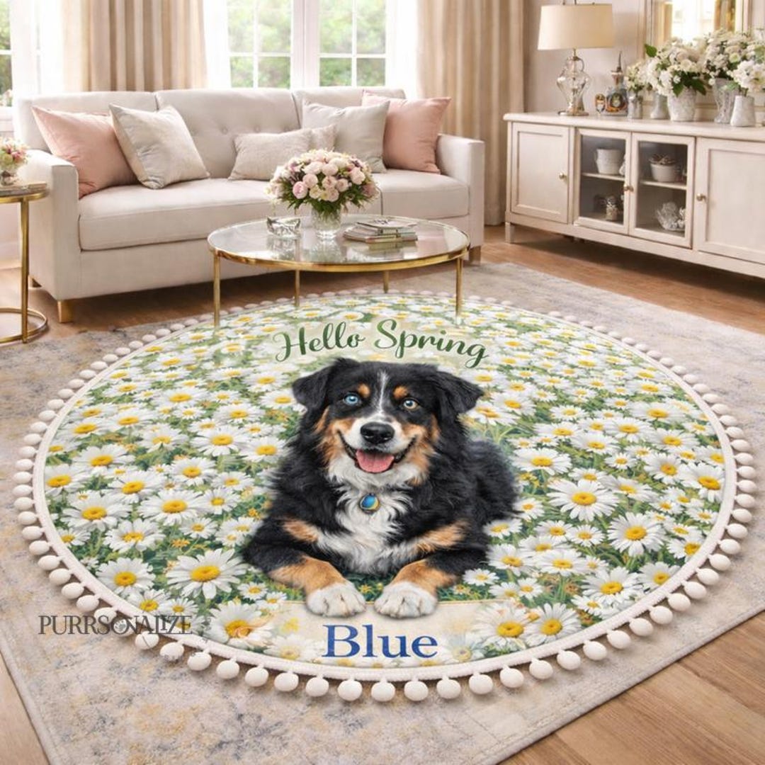 Custom Hello Spring Dog Cat Round Rug With Pom Poms, Personalized Name ...